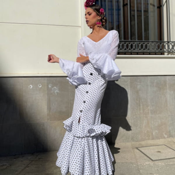 Falda de Gitana modelo Cádiz blanco con lunares negros - Viva la Feria