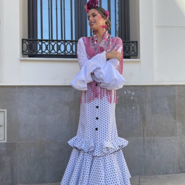 Falda de Gitana modelo Cádiz blanco con lunares negros - Viva la Feria