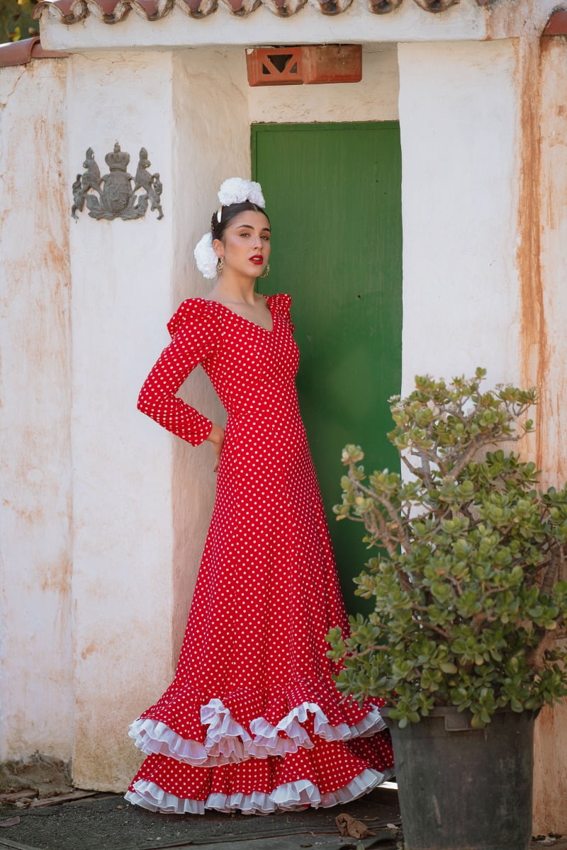 Traje de gitana modelo Alegría rojo con lunares blancos - Viva la Feria