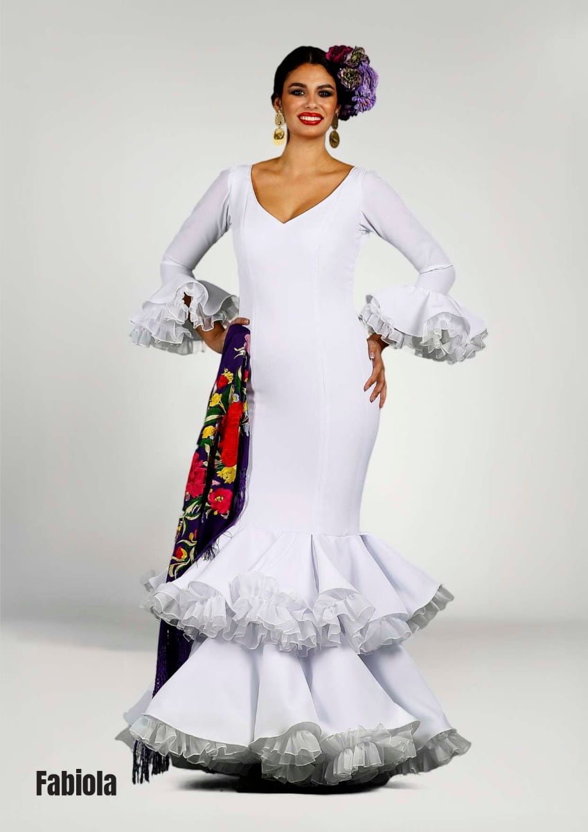 Flamenco dress by Ana Barroso model Fabiola in white - Viva la Feria